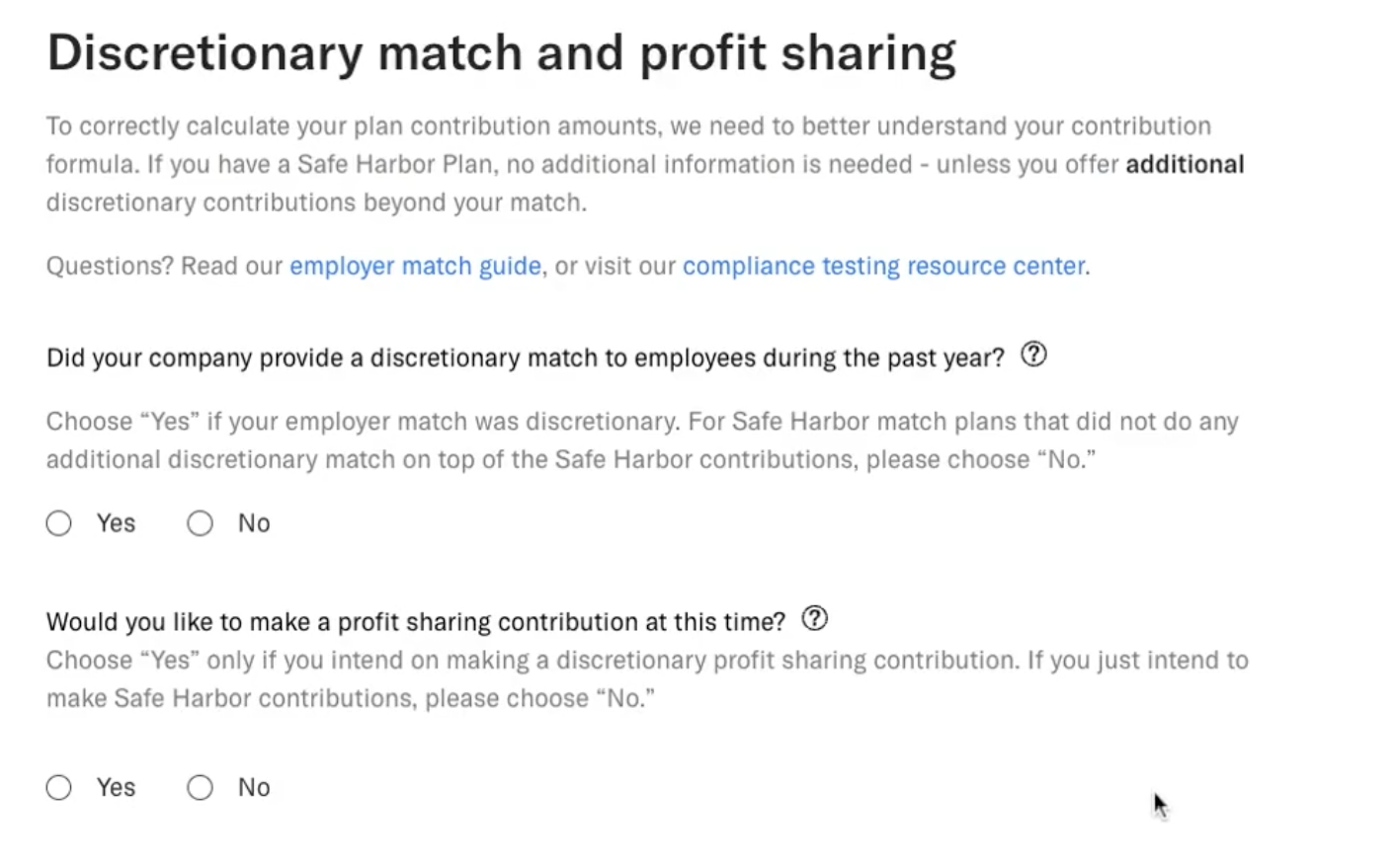 Annual compliance testing: Discretionary match